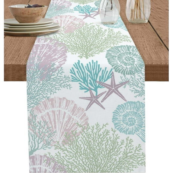 Abstract Geometric Ocean Coral Shell Star Linen Table Runners Washable ...