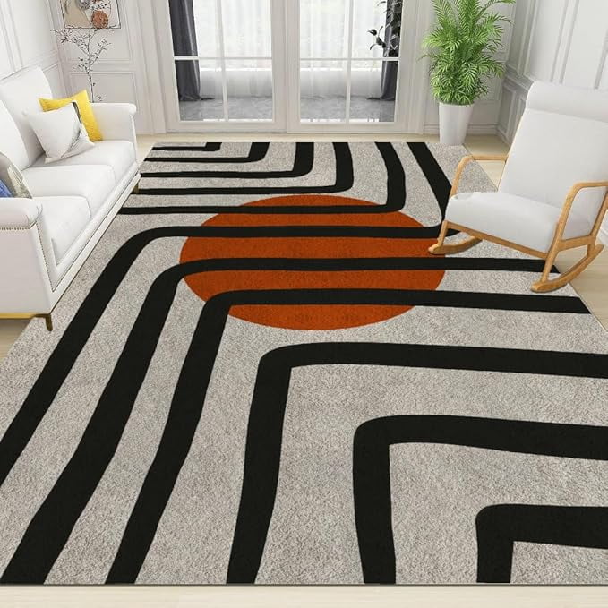 Abstract Geometric Orange Circle Print Area Rug, Aesthetic Boho Rug ...