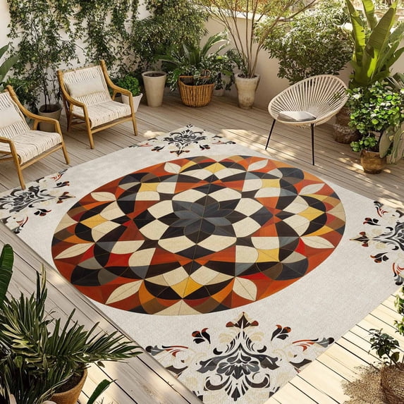 Abstract Geometric Outdoor Rug, Color Blocks Lines Circles Non-Slip ...