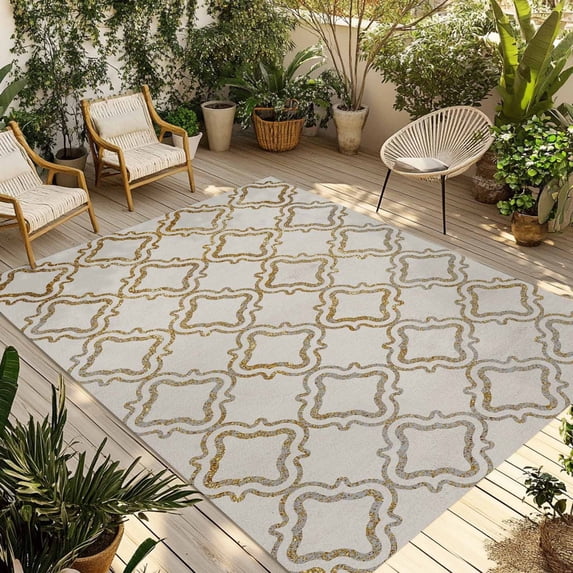 Abstract Geometric Outdoor Rug, Modern Gold and Beige Retro Plaid ...