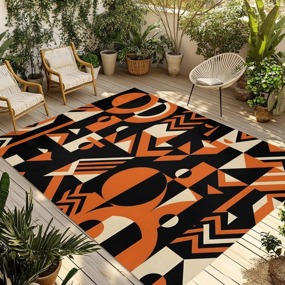Abstract Geometric Outdoor Rug, Orange Bold Shapes Graphic Modern Black ...