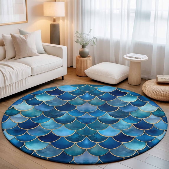 Abstract Geometric Patchwork Round Rug 5ft Retro Blue Gradient Pattern ...