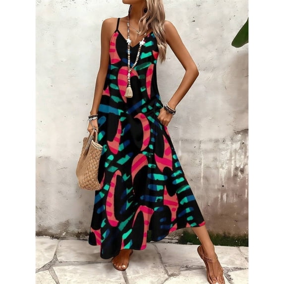Abstract Geometric Pattern 3D All-Over Print Womens V-Neck Cami Maxi ...
