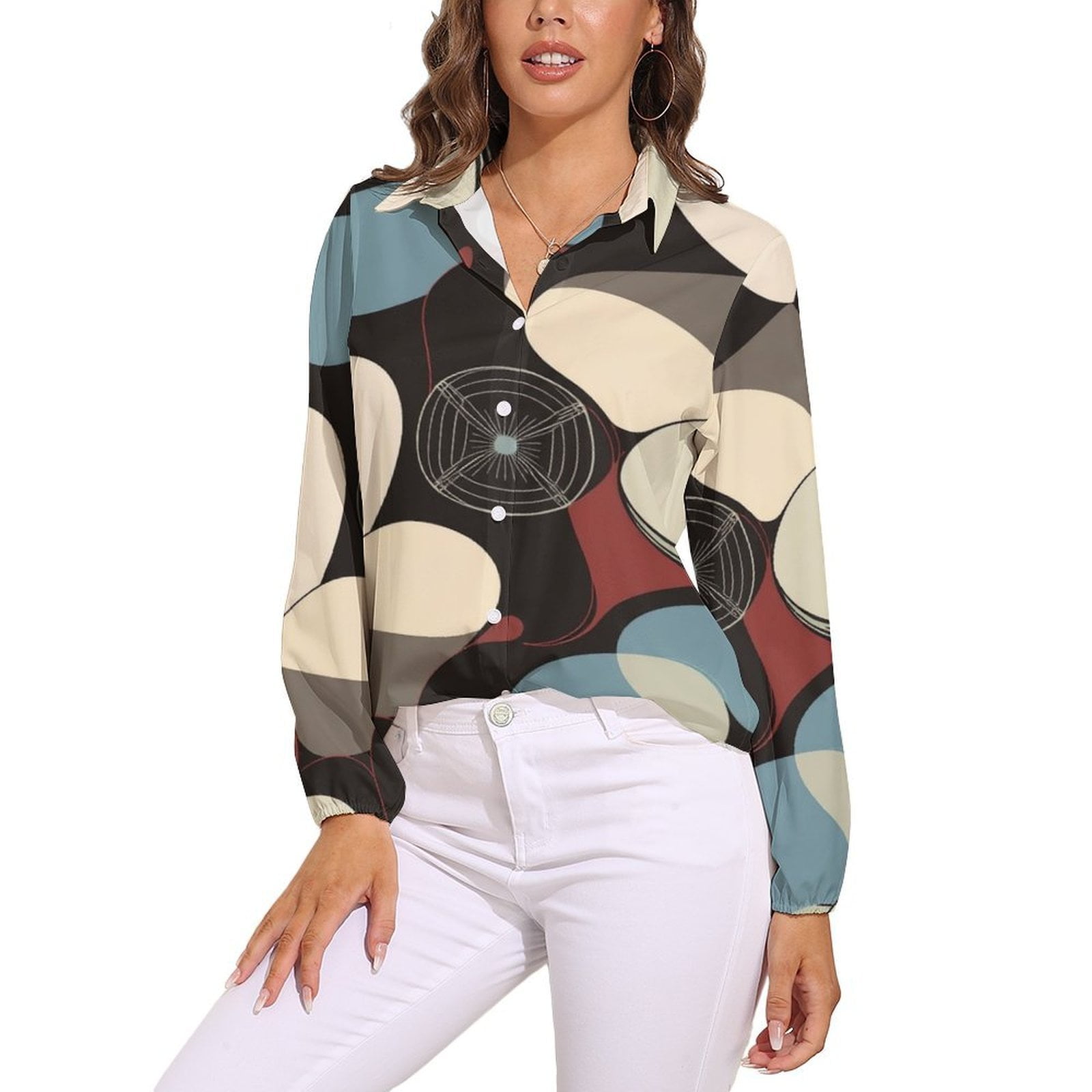Abstract Geometric Pattern Blouse Female Long Sleeve Casual Shirts ...