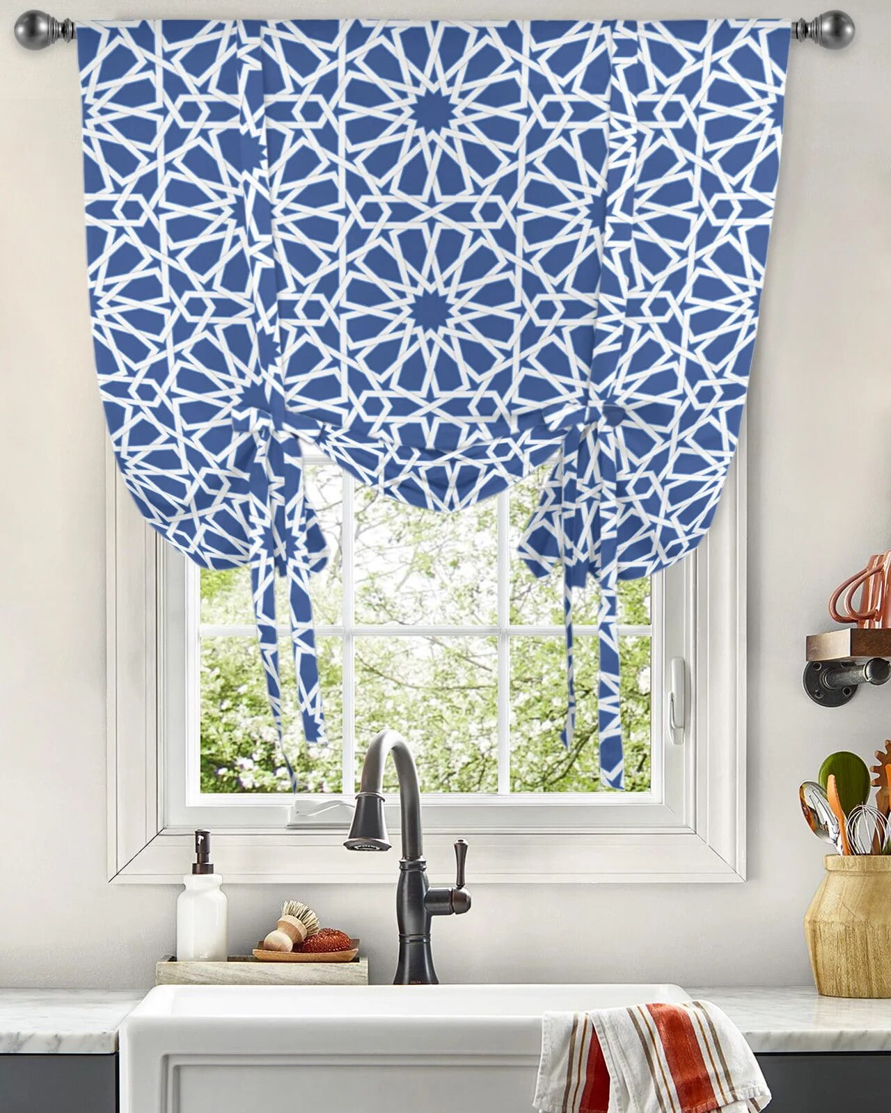 Abstract Geometric Pattern Indigo Curtain for Living Room Kitchen Tie ...