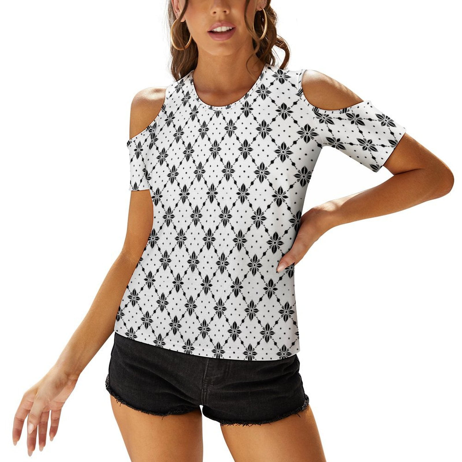 Abstract Geometric Pattern Women's Off Shoulder Tops Casual Loose Shirt T Shirts Tops Pullover ...