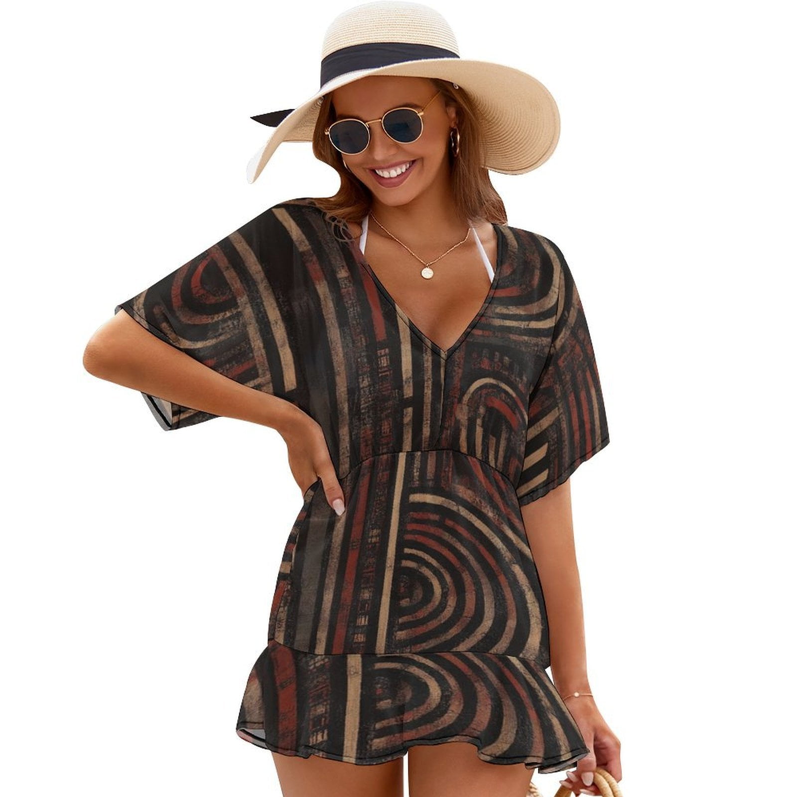 Abstract Geometric Patterned Design Beach Cover Ups Women V Neck Short ...