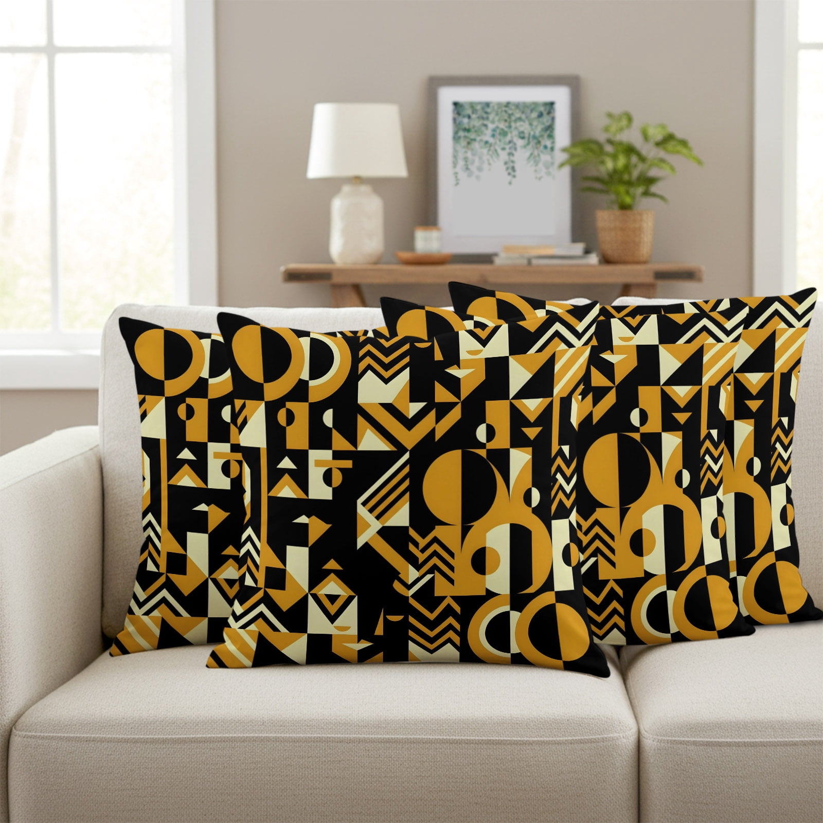 Abstract Geometric Pillow Covers Set of 4, Yellow Bold Shapes Graphic ...
