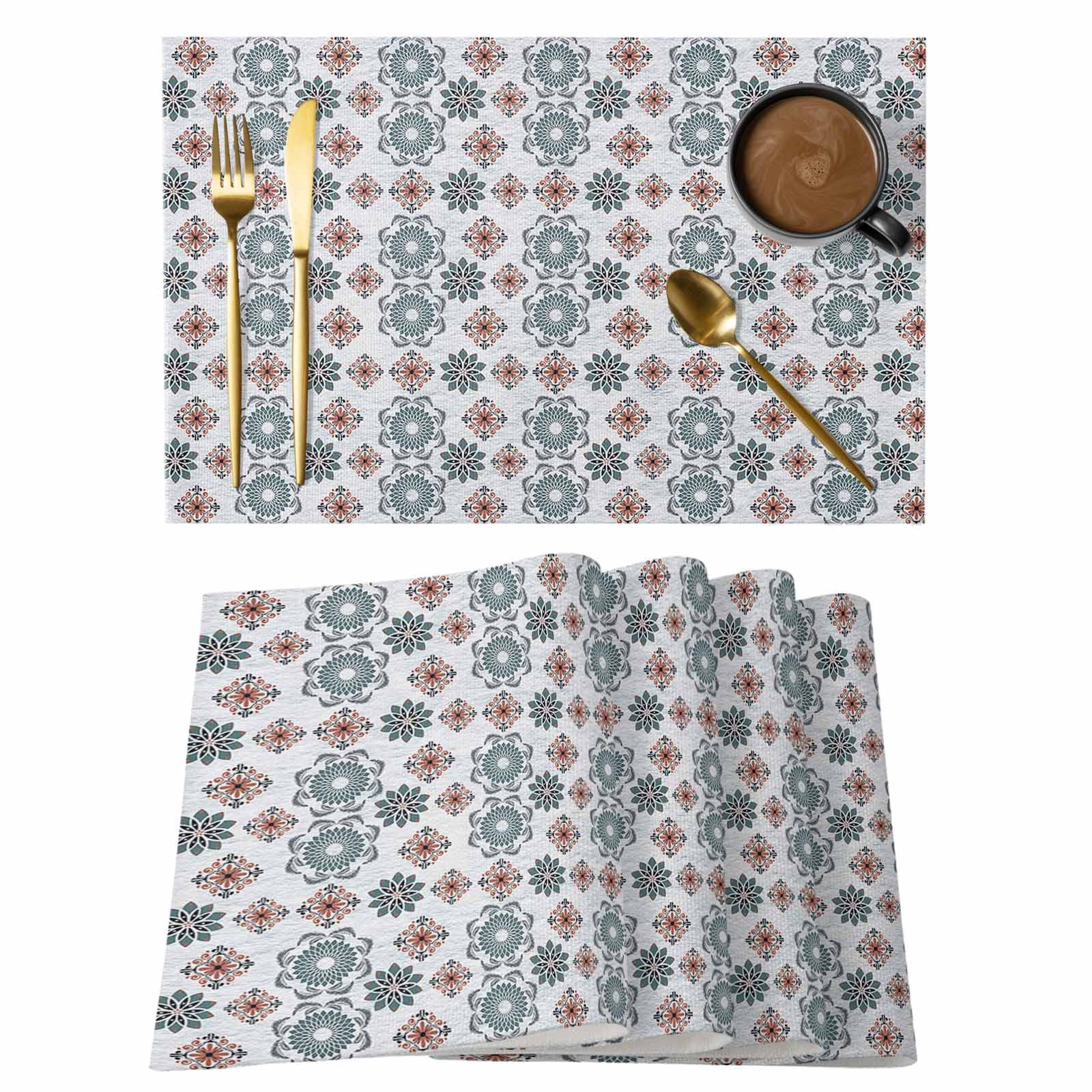 Abstract Geometric Placemats Set of 2, Blue and Orange Flowers Non-Slip ...
