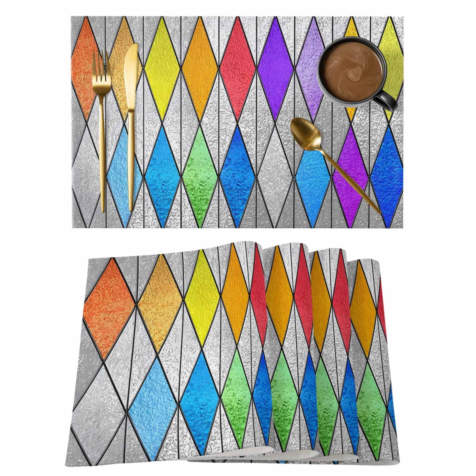Abstract Geometric Placemats Set of 8 Watercolor Rhombus Stained Glass ...