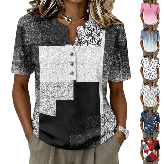 Abstract Geometric Print Henley Blouse for Women - Short Sleeve V-Neck ...