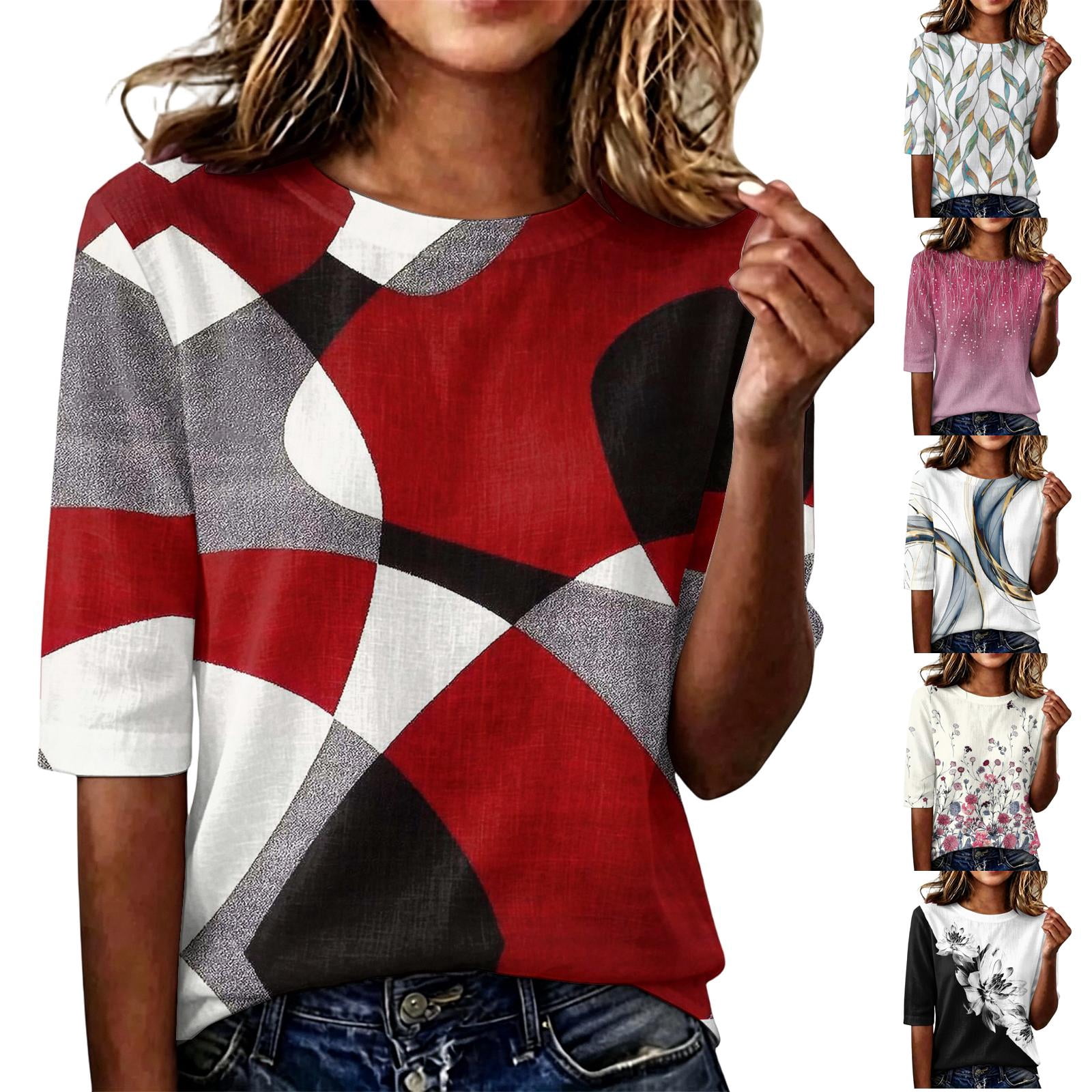 Abstract Geometric Print Top for Women, Crew Neck Half Sleeve Loose Fit ...