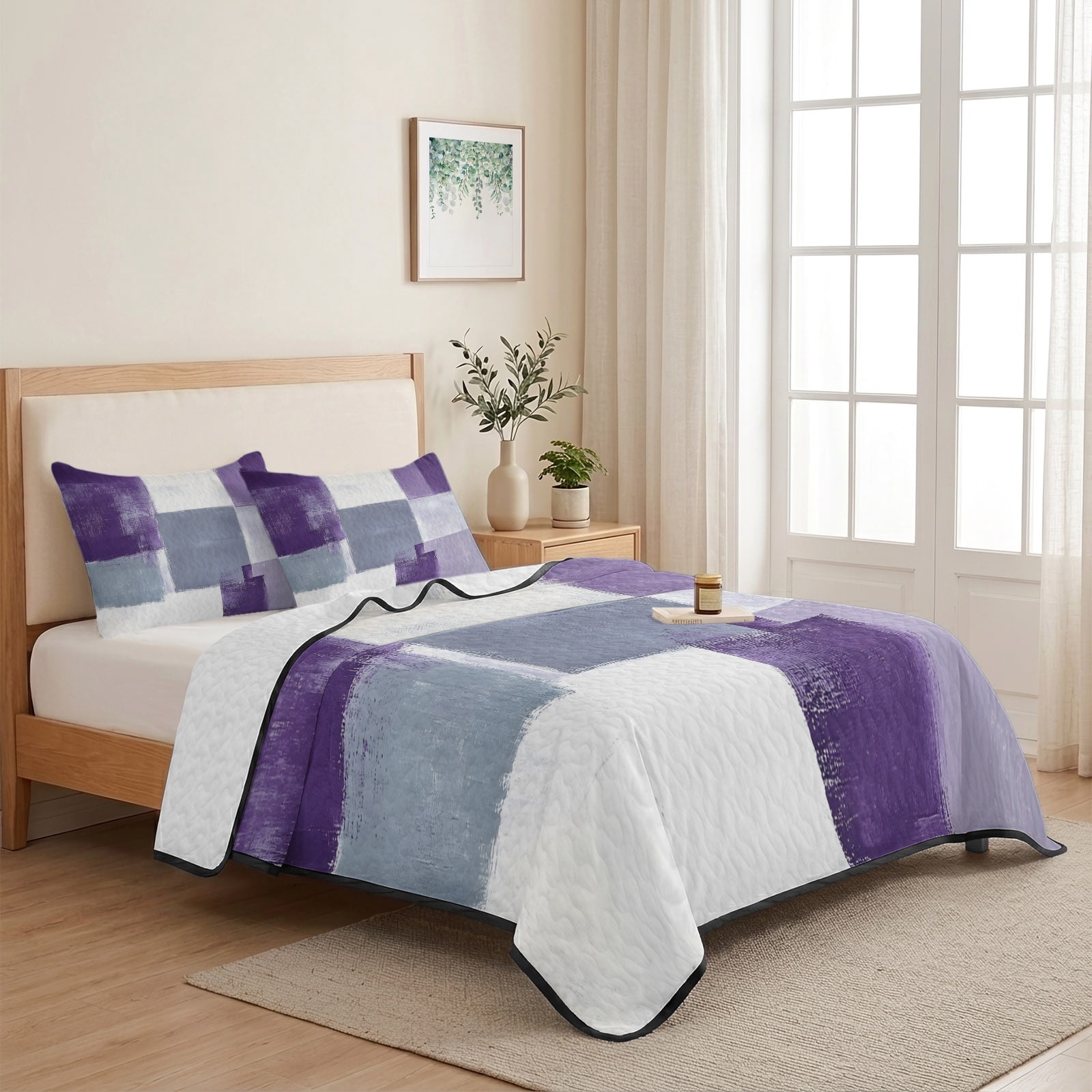 Abstract Geometric Purple Color Block 3 Pieces Quilt Set,1 Quilt with 2 ...