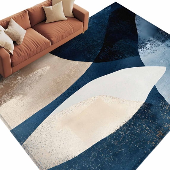 Abstract Geometric Rectangle Area Rug 8x10 ft Blue Gold Beige Dynamic ...