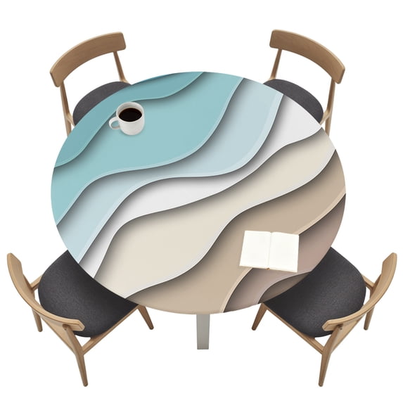 Abstract Geometric Round Fitted Tablecloth Teal Brown Gradient Waves ...