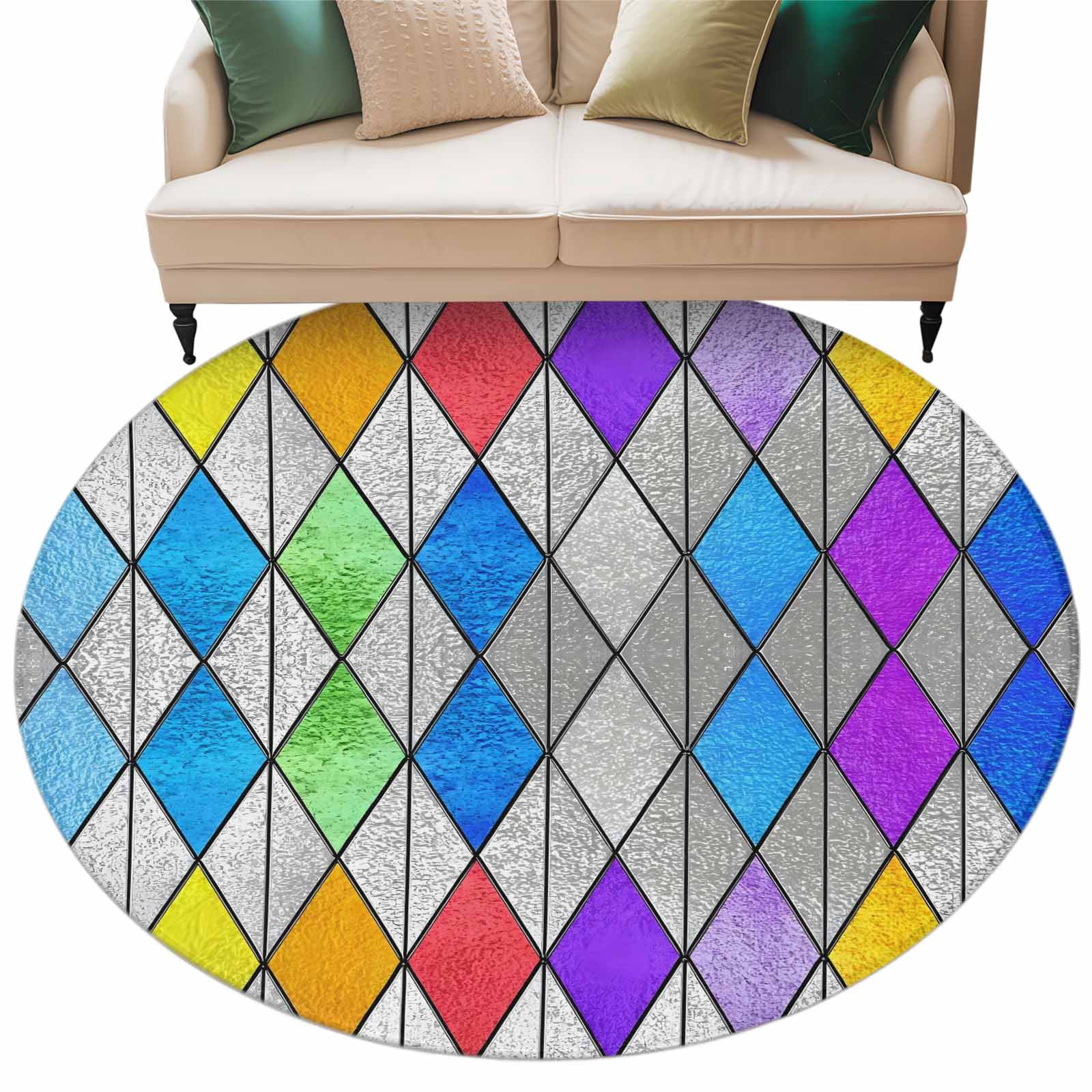 Abstract Geometric Round Rug 6ft Washable Circle Kitchen Rugs Non Slip ...