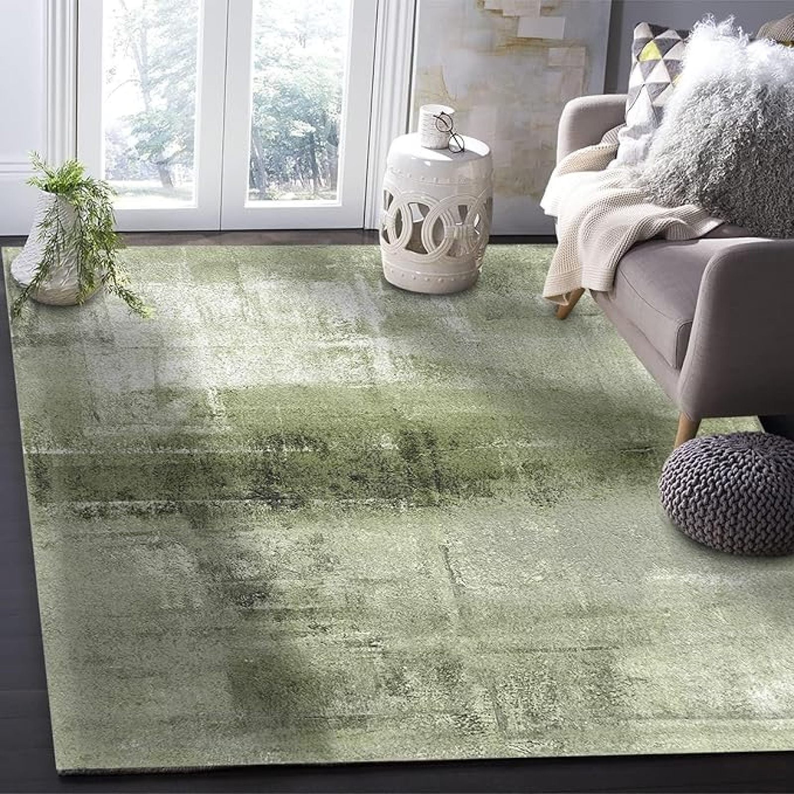 Abstract Geometric Sage Green Area Rug, Retro Green Oil Painting ...