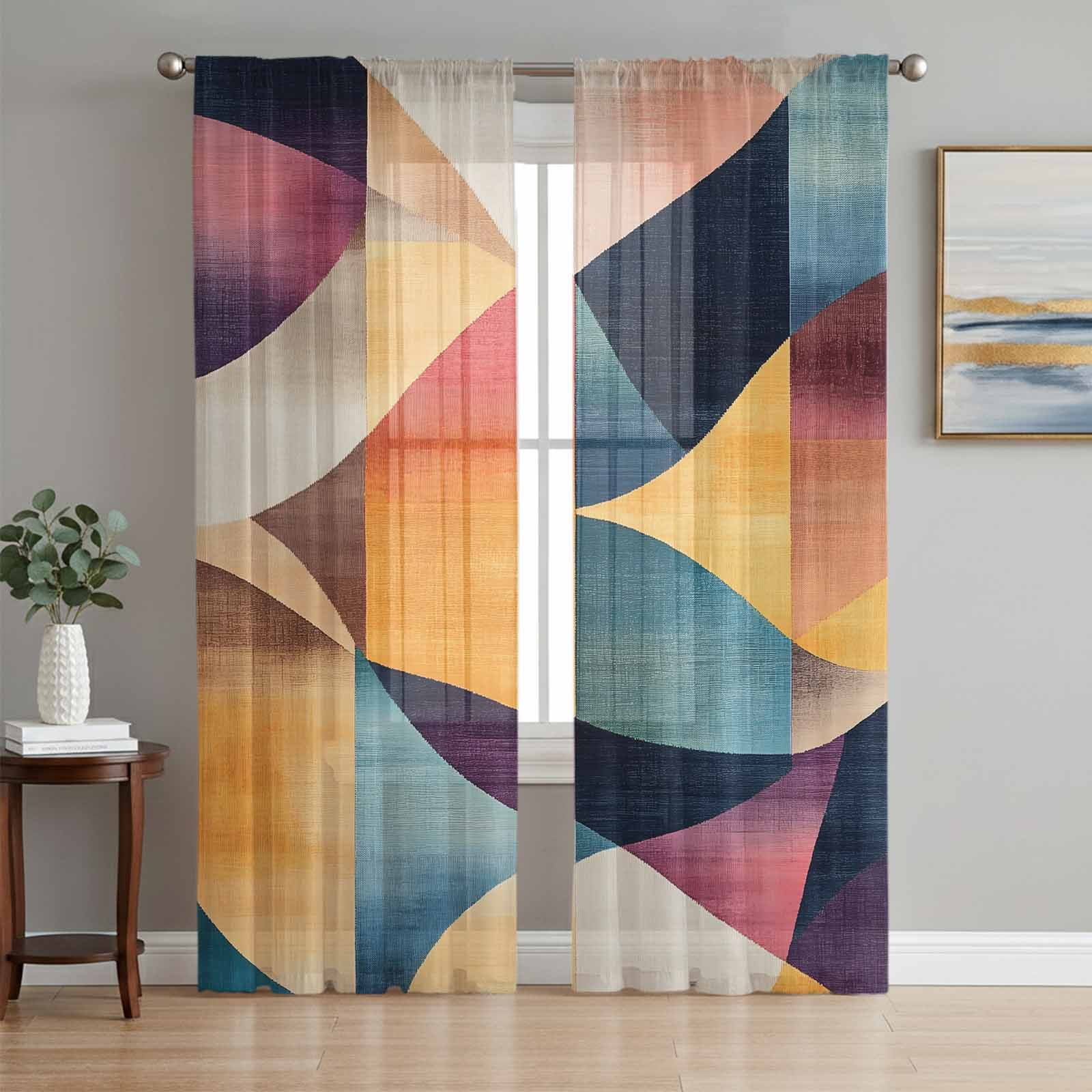 Abstract Geometric Semi Sheer Curtains 72 Inch Length 2 Panels Set ...
