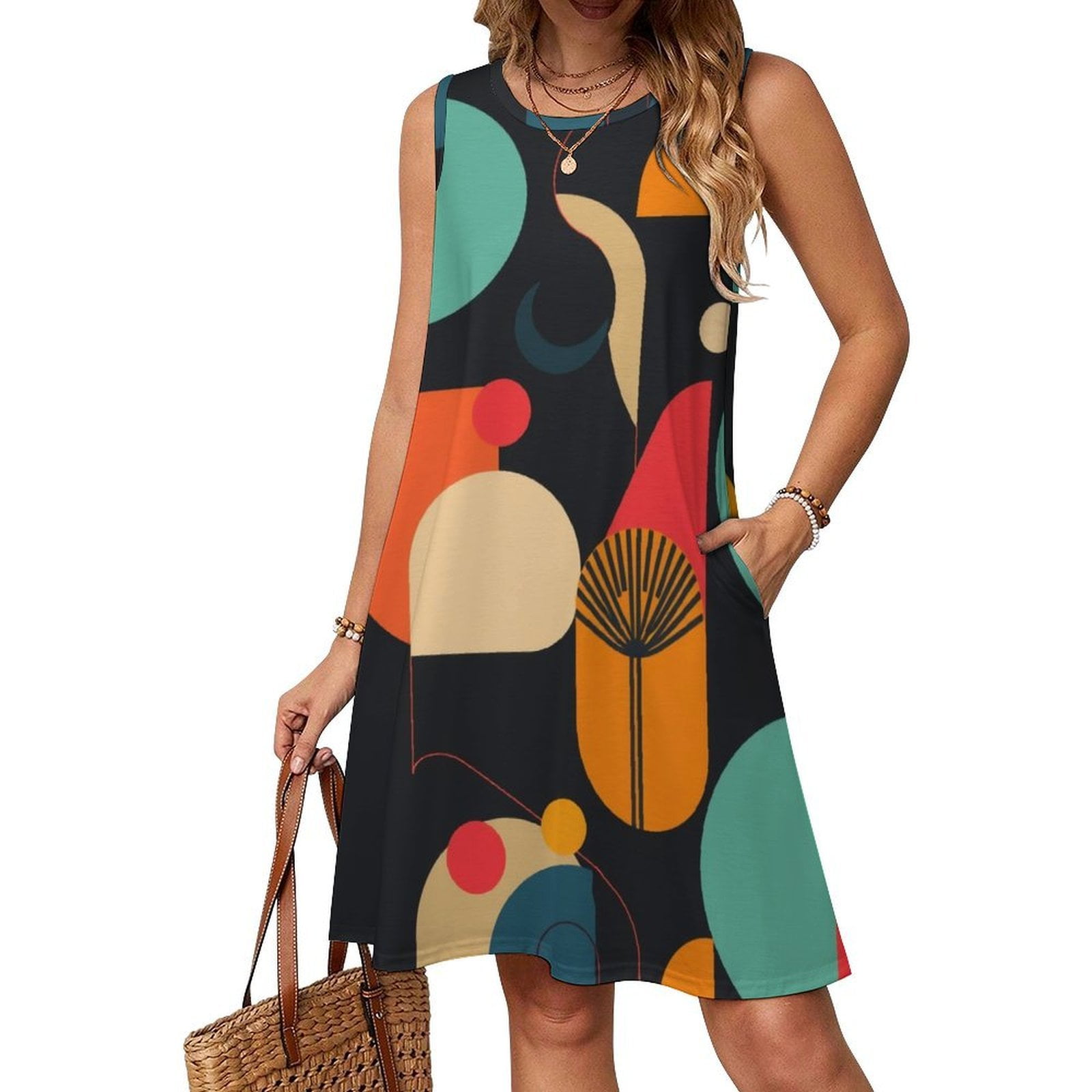 Abstract Geometric Shapes Casual Sleeveless Loose Sundress Dress For ...