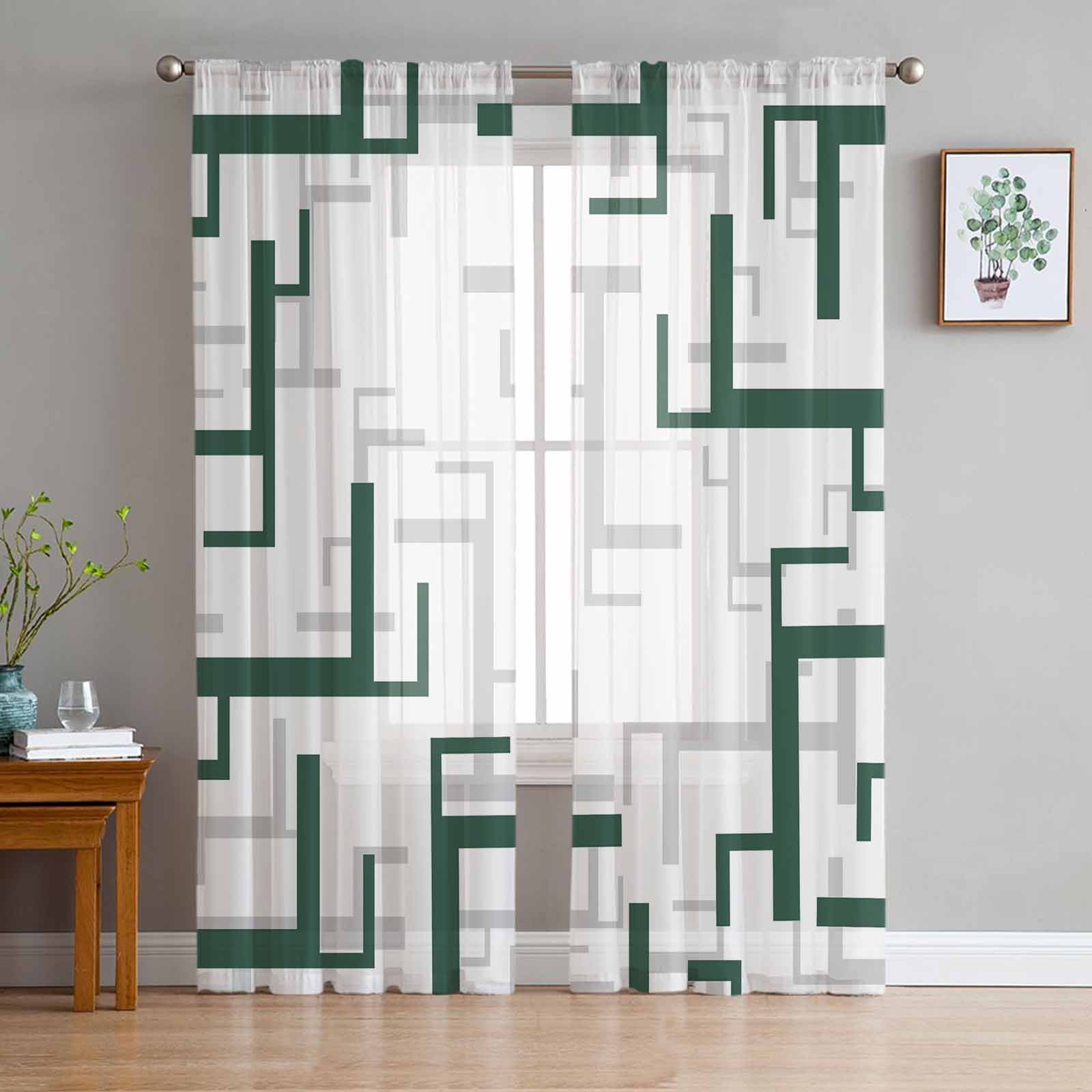 Abstract Geometric Shapes Green Sheer Curtains for Living Room ration ...