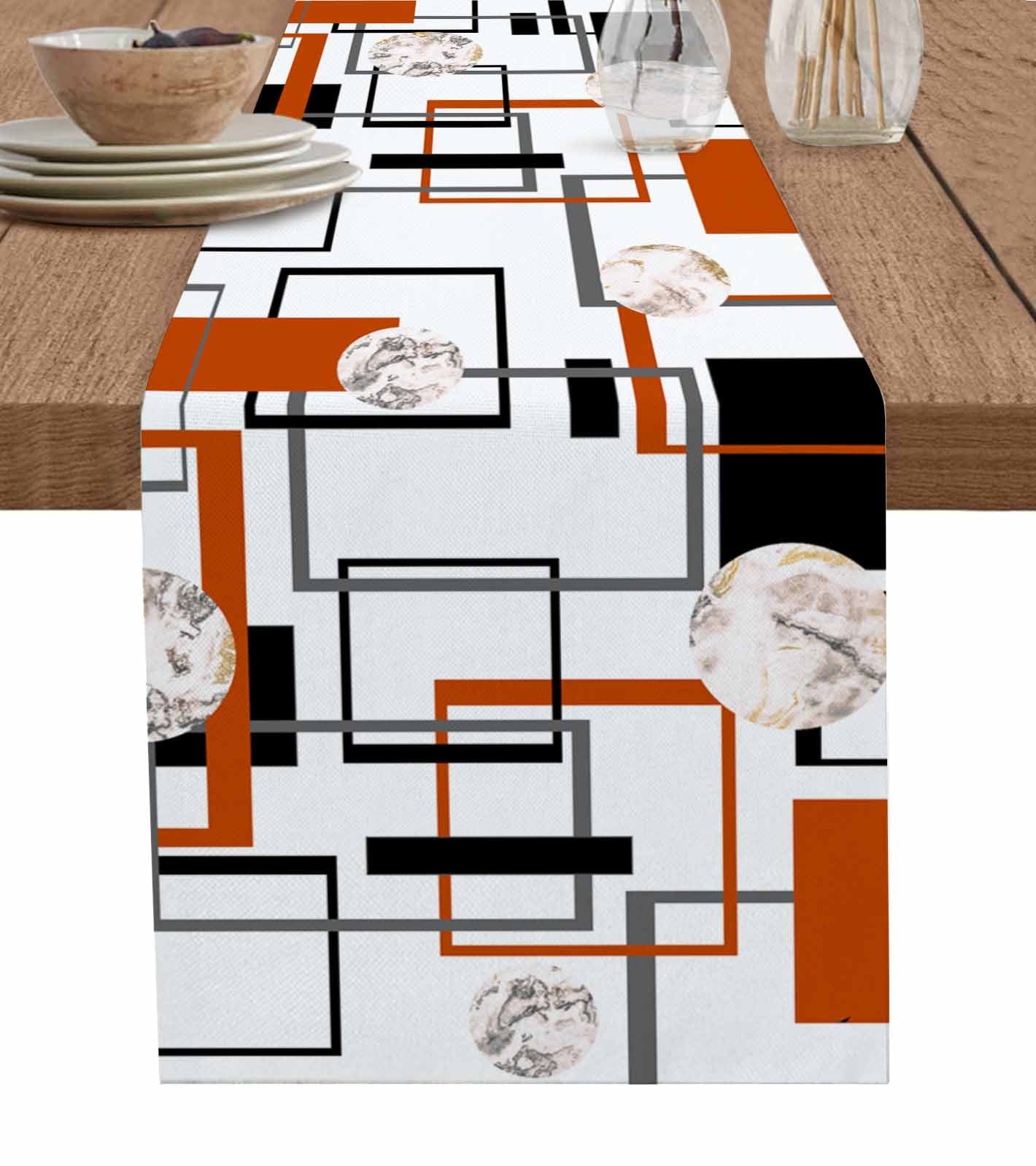 Abstract Geometric Shapes Marble Orange Table Runners For Dining Room ...