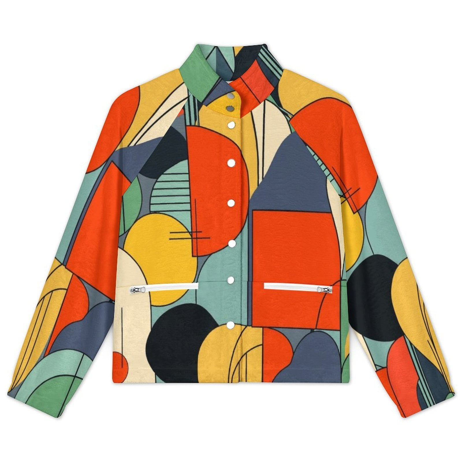 Abstract Geometric Shapes Warm Women's Plush Jacket Stand Collar Full ...