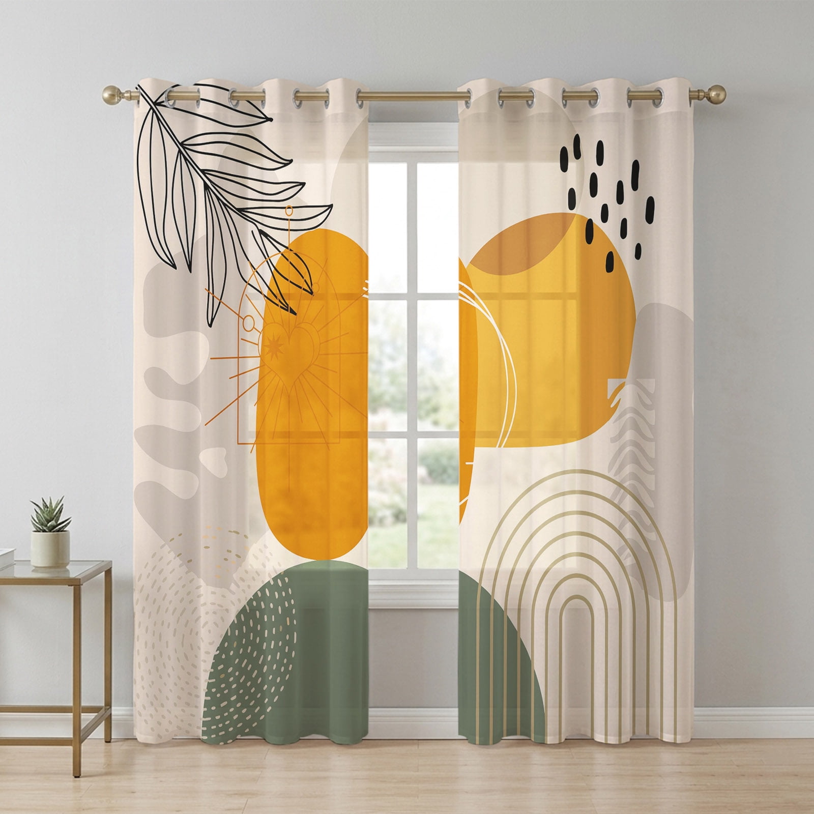 Abstract Geometric Sheer Curtains 63 Inch Long 2 Panels, Orange Green ...