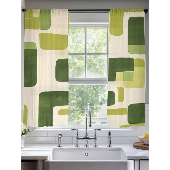 Abstract Geometric Sheer Curtains 63 Inches Long 2 Panels Green Block ...