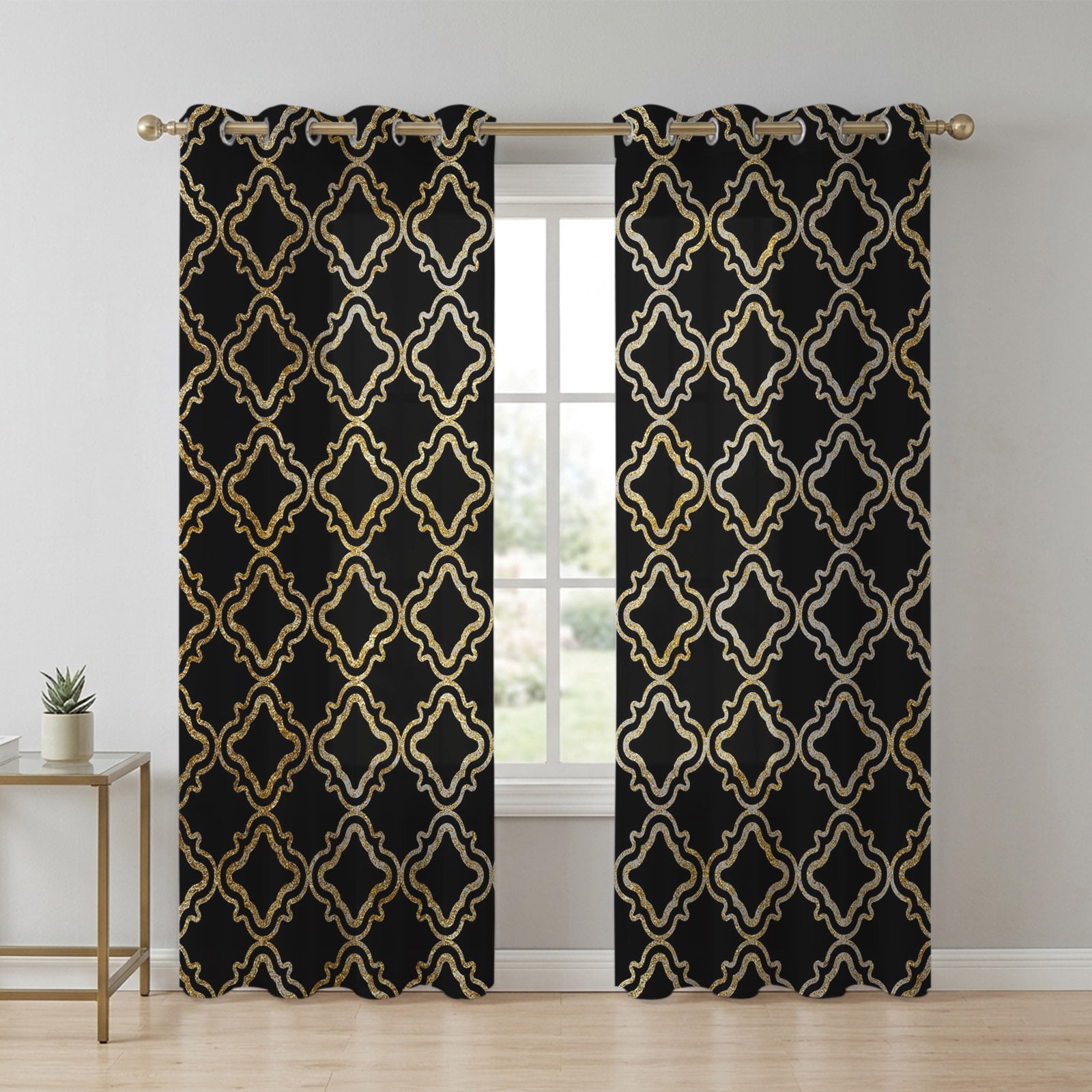 Abstract Geometric Sheer Curtains 84 Inch Long 2 Panels, Modern Gold ...