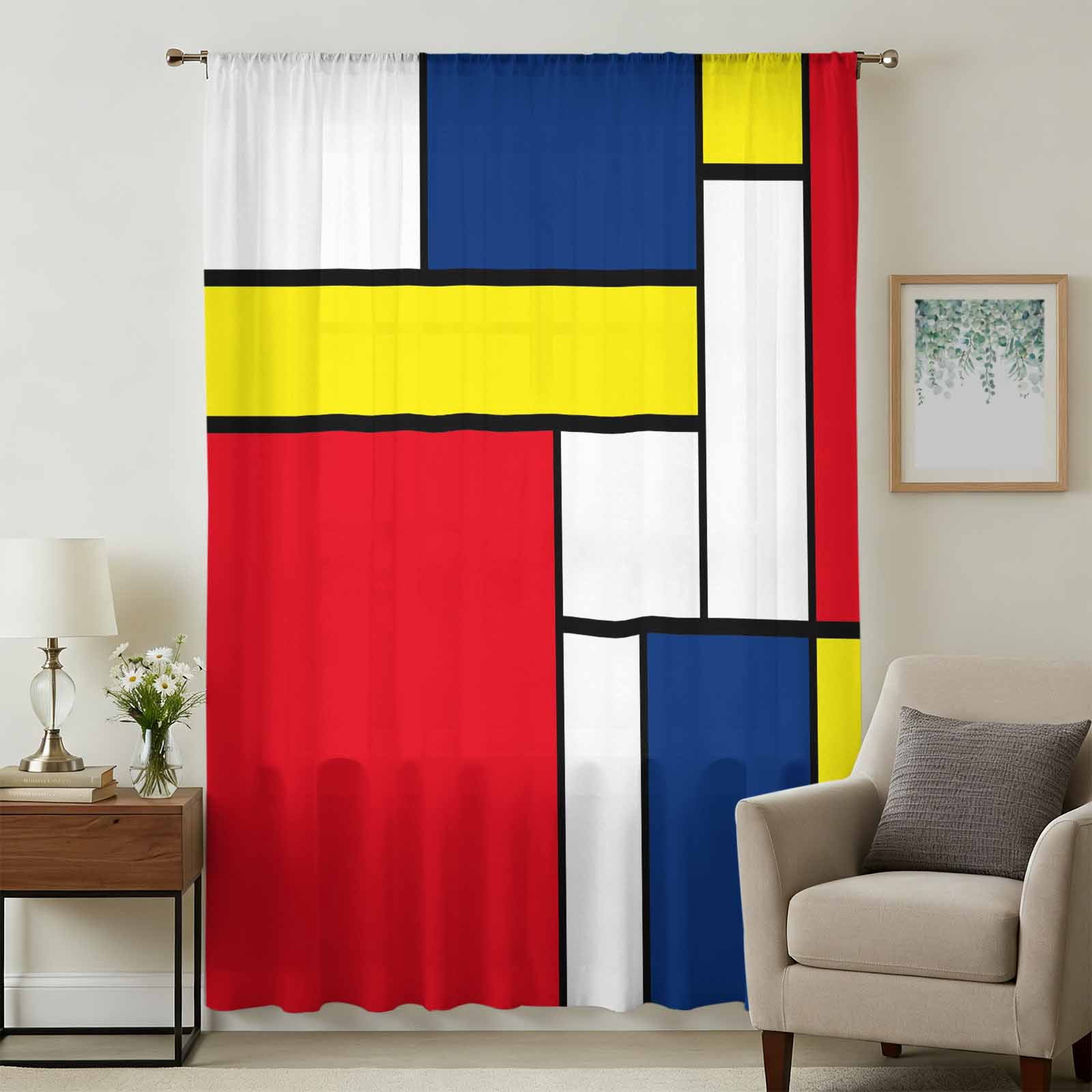Abstract Geometric Sheer Curtains 84 Inches Long, Modern Color Blocks ...