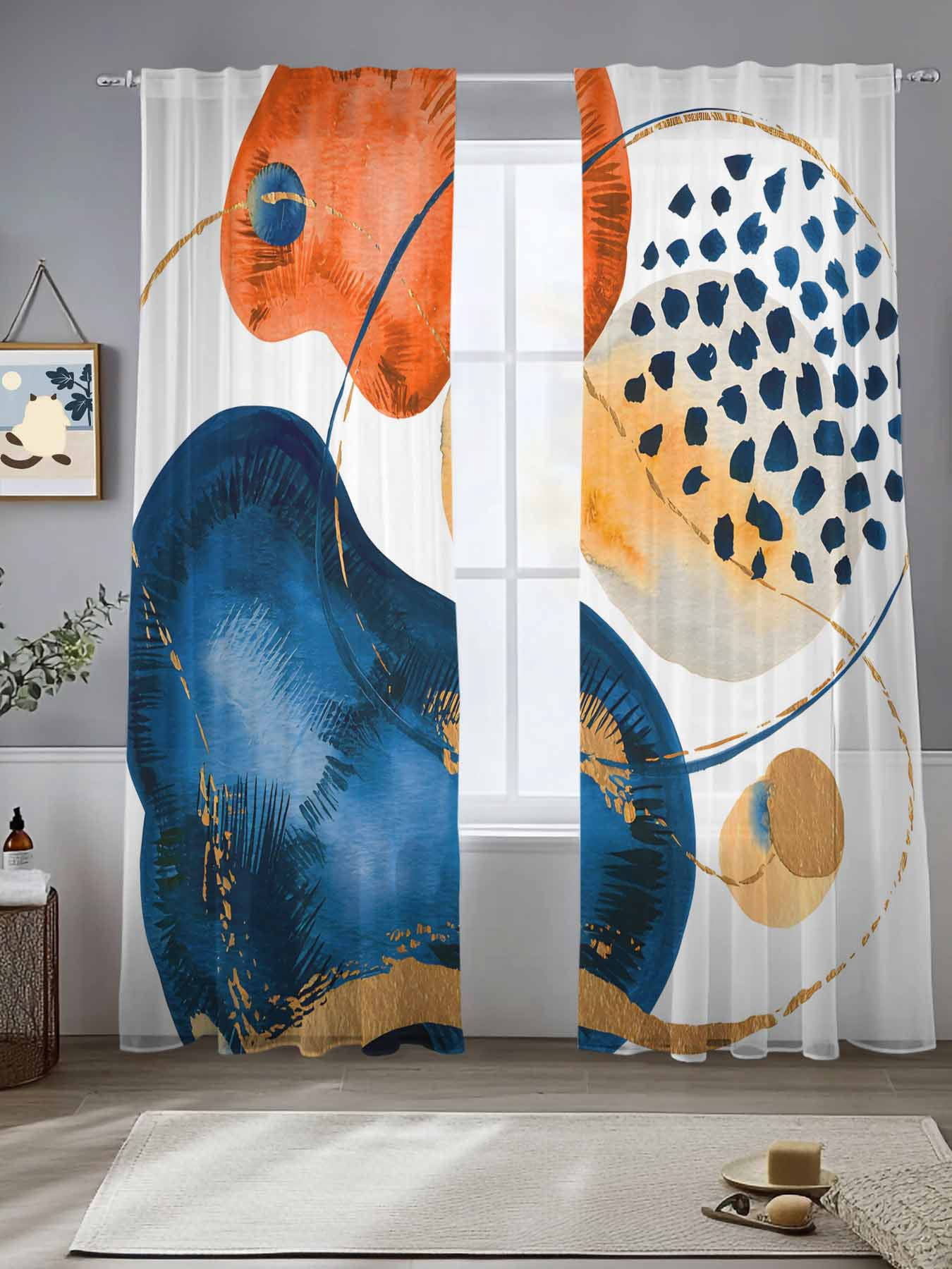 Abstract Geometric Sheer Curtains 96 Inches Long 2 Panels Blue Red ...