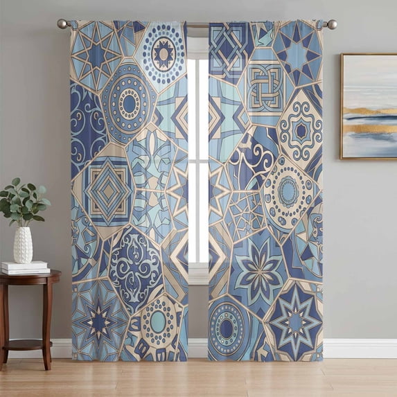 Abstract Geometric Sheer Curtains for Living Room Bedroom, Blue Yellow ...