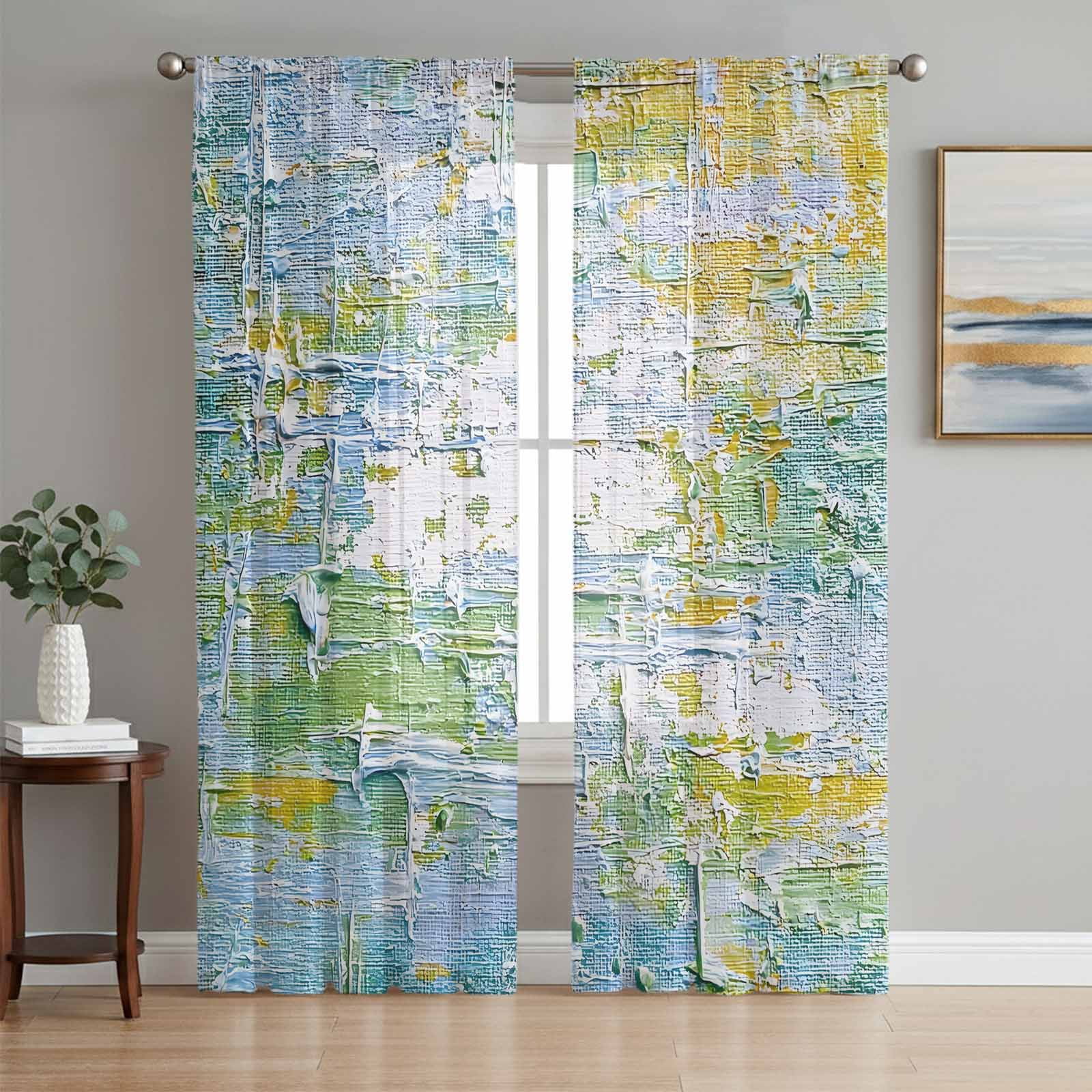Abstract Geometric Sheer Curtains for Living Room Bedroom, Yellow Blue ...