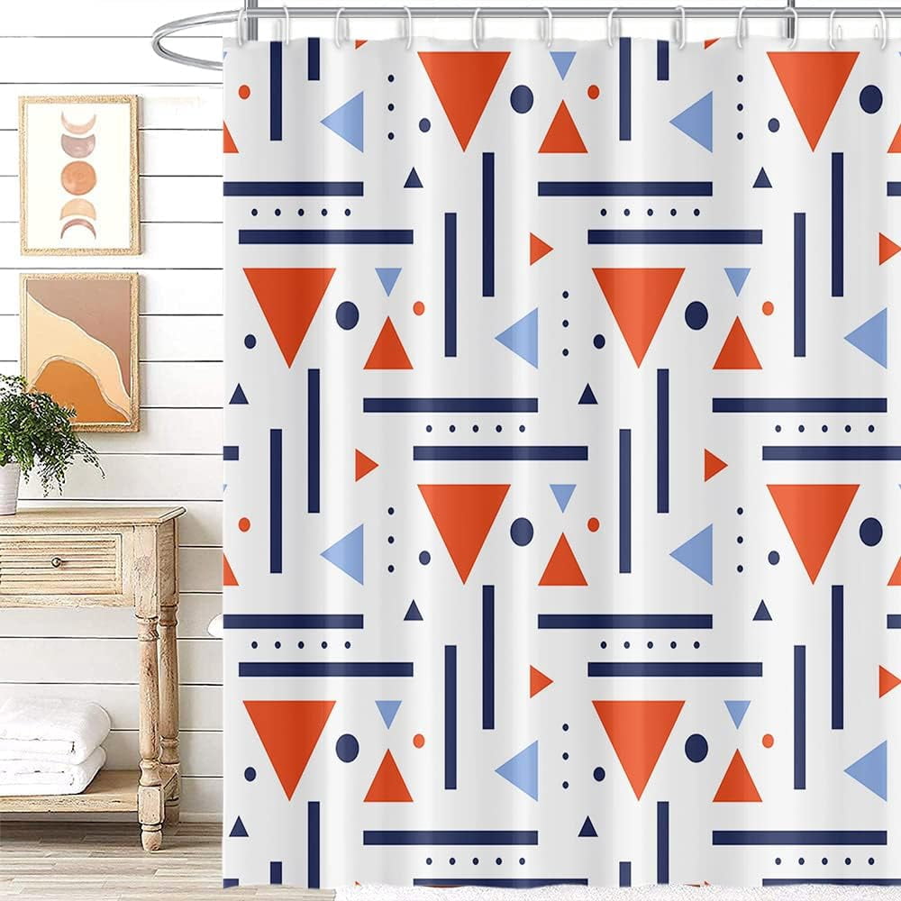 Abstract Geometric Shower Curtain Boho Orange Triangle Navy Blue ...
