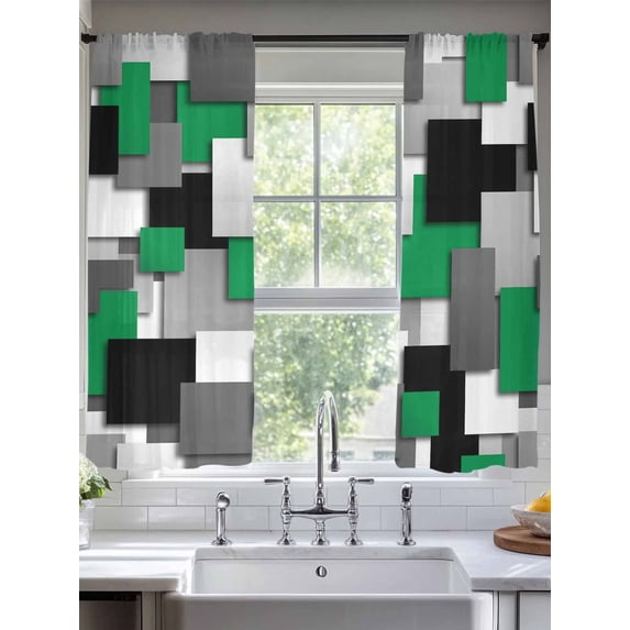 Abstract Geometric Square Art Sheer Curtains 2 Panels Set Modern Green ...
