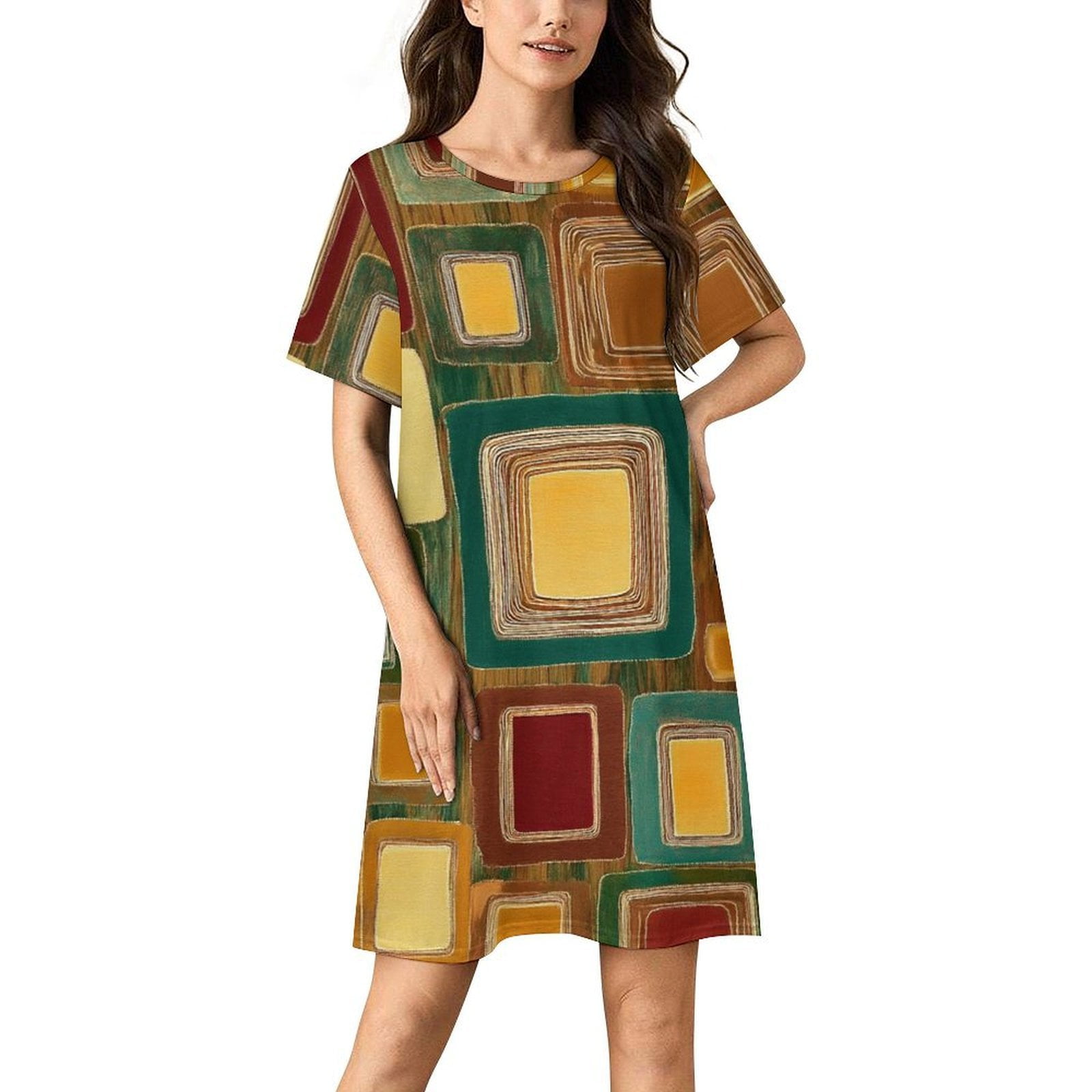 Abstract Geometric Square Pattern Women Nightgown Sleepwear Short ...