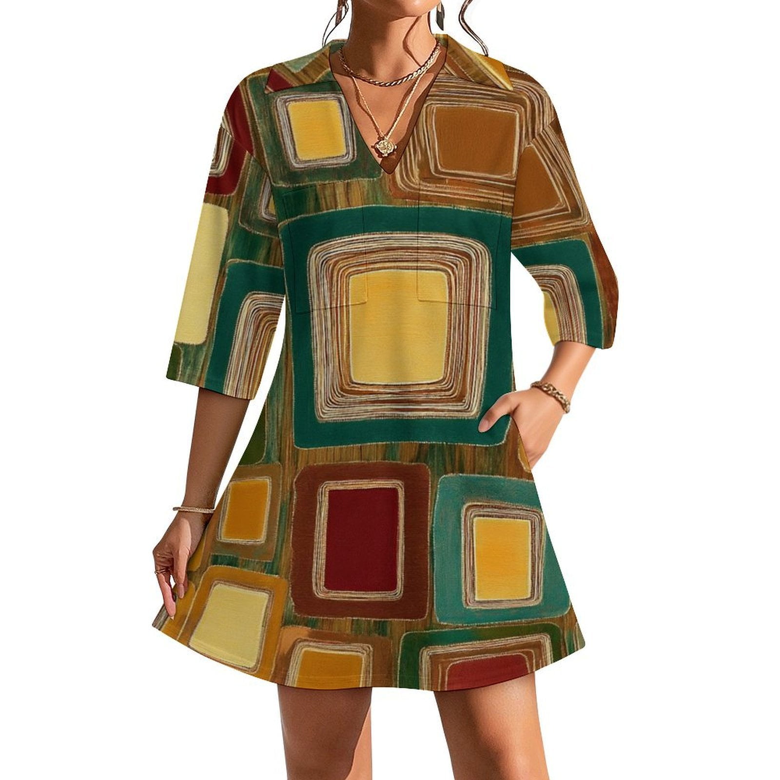 Abstract Geometric Square Pattern Womens Dress With Pockets Summer V ...
