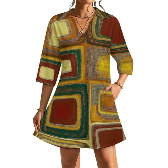 Abstract Geometric Square Pattern Womens Dress With Pockets Summer V ...