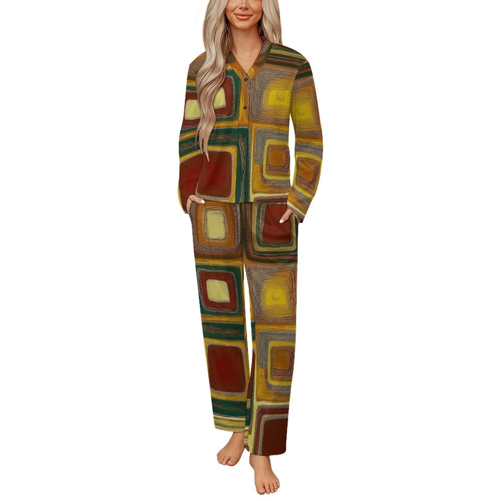 Abstract Geometric Square Pattern Womens Pyjamas Set Button Up Pyjamas ...