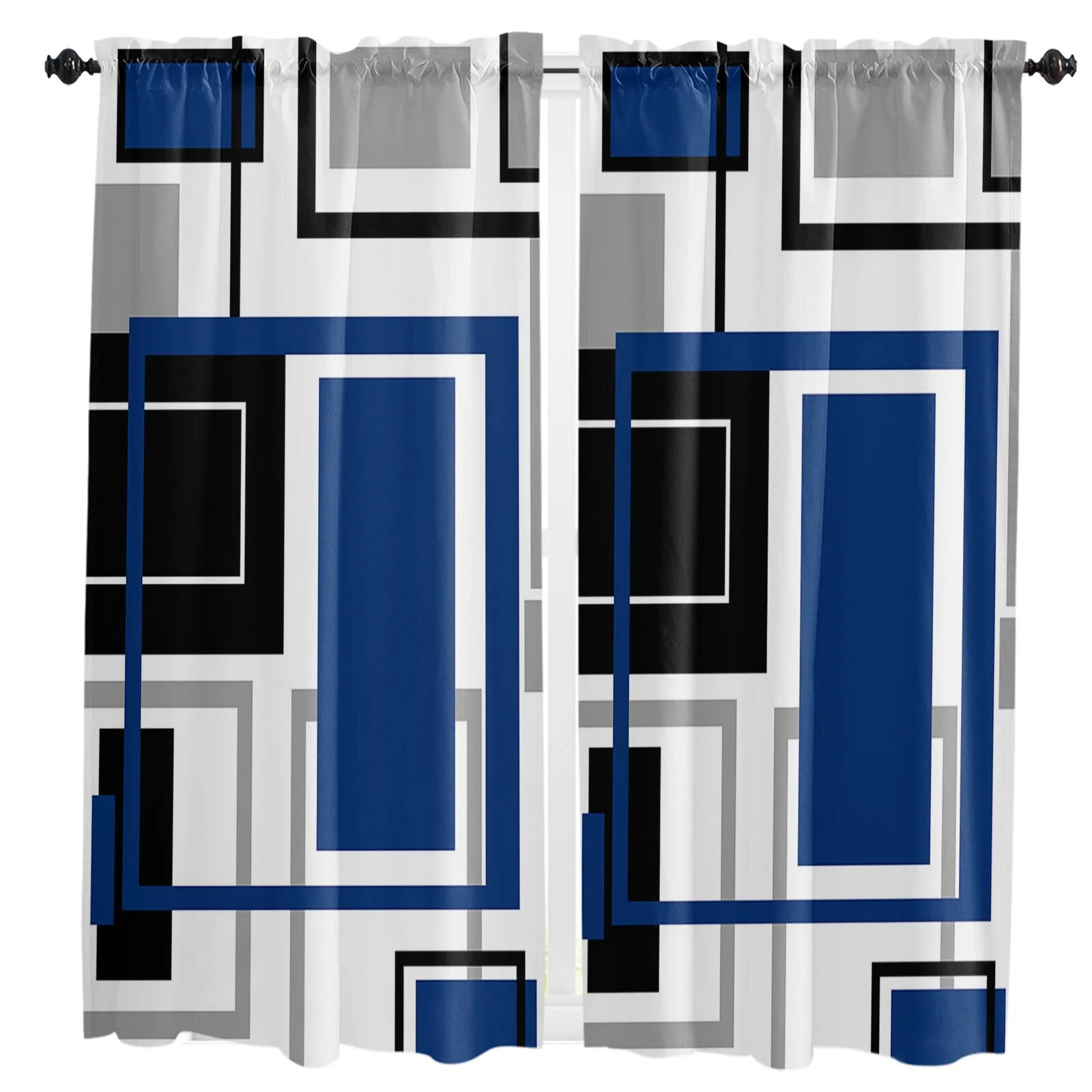 Abstract Geometric Squares Art Black Blue Rod Pocket Short Curtain Half ...