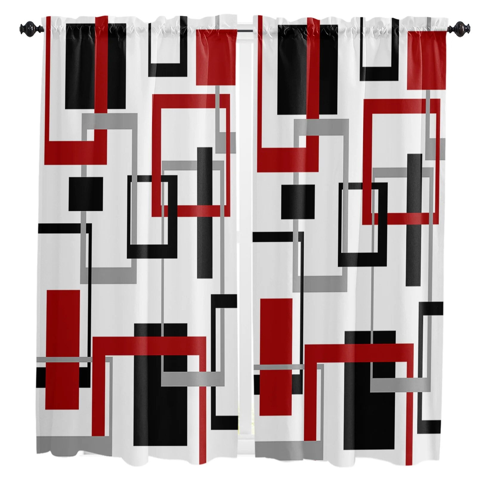 Abstract Geometric Squares Art Black Red Rod Pocket Short Curtain Half ...