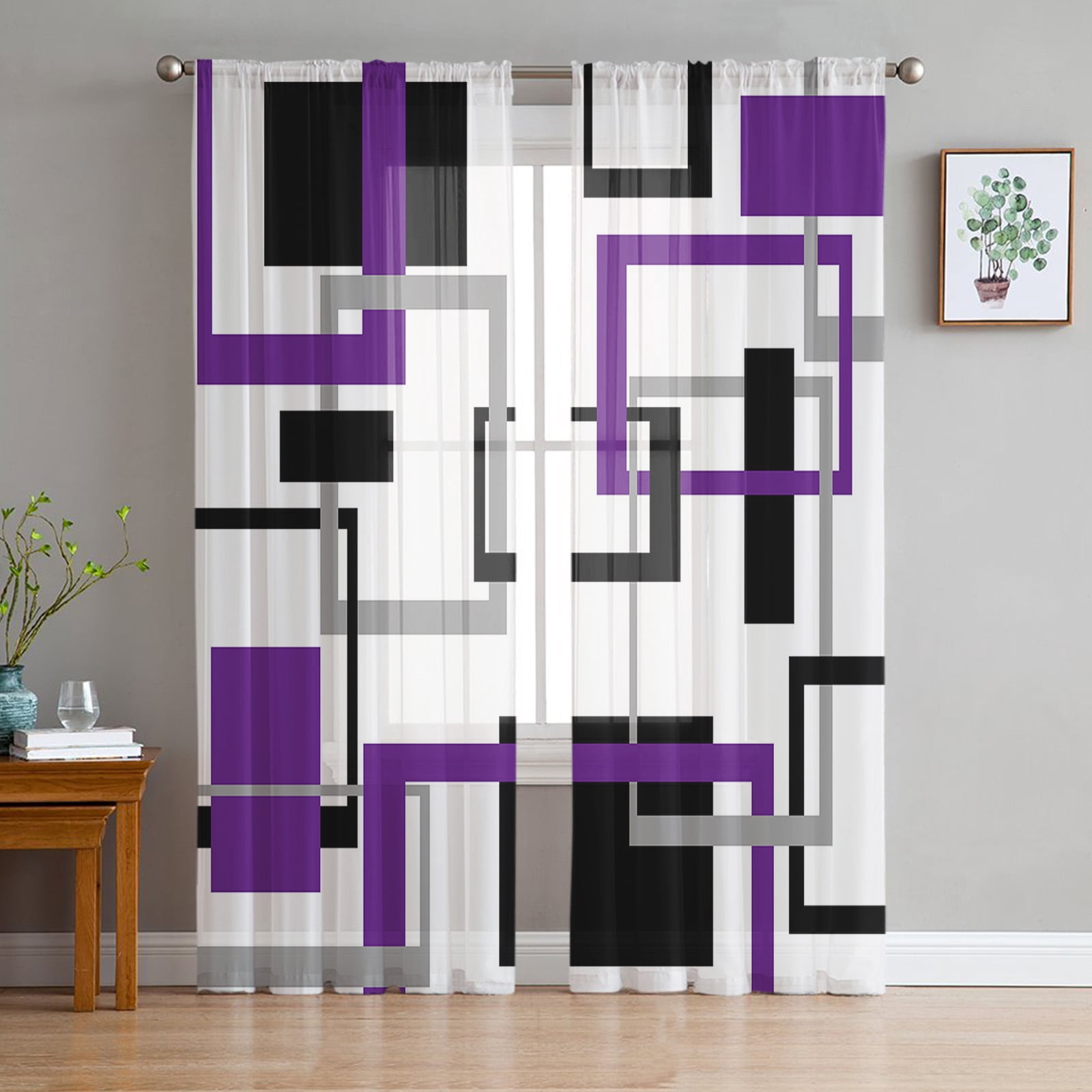 Abstract Geometric Squares Art Black Red Sheer Curtain Living Room ...