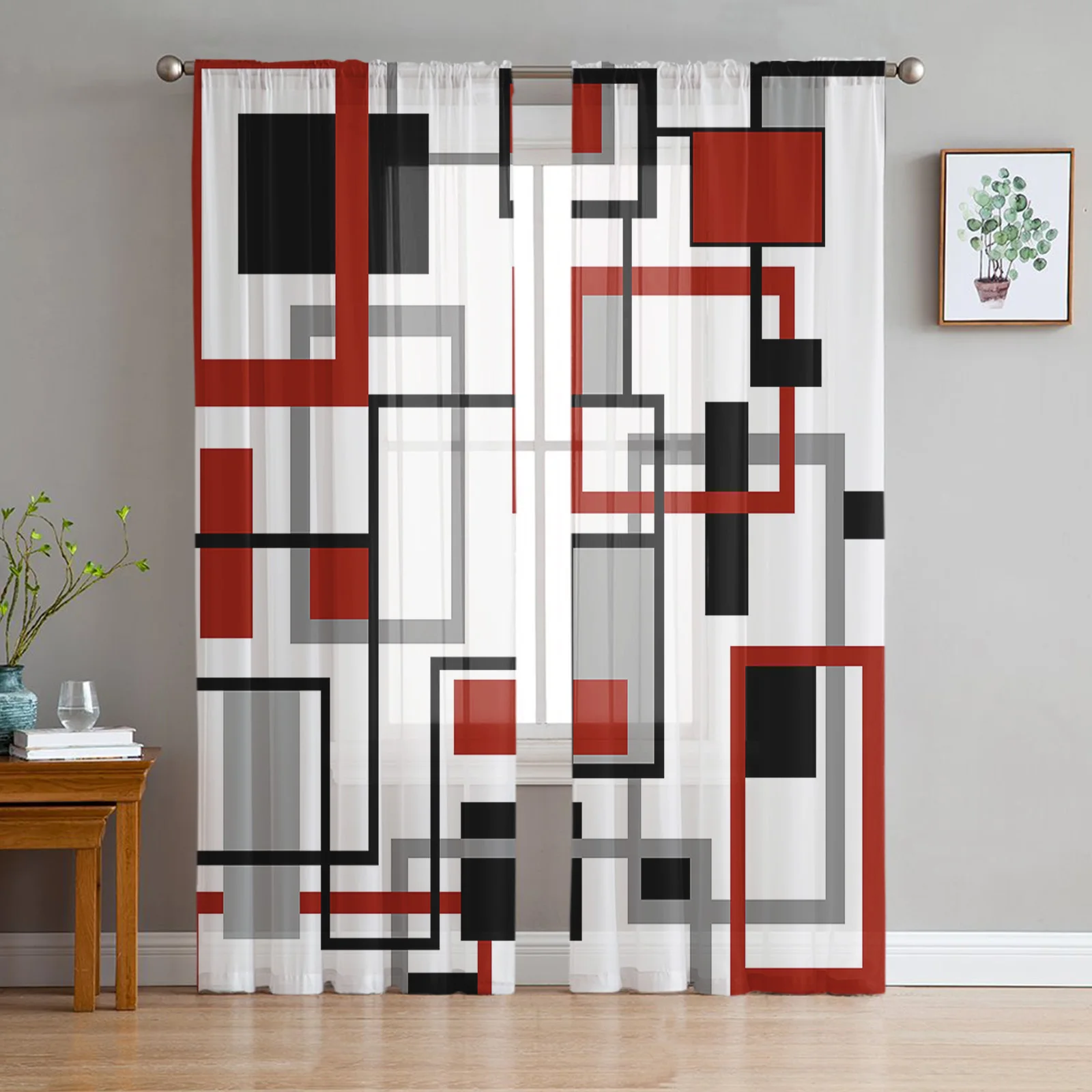Abstract Geometric Squares Art Black Red Sheer Curtain Living Room ...