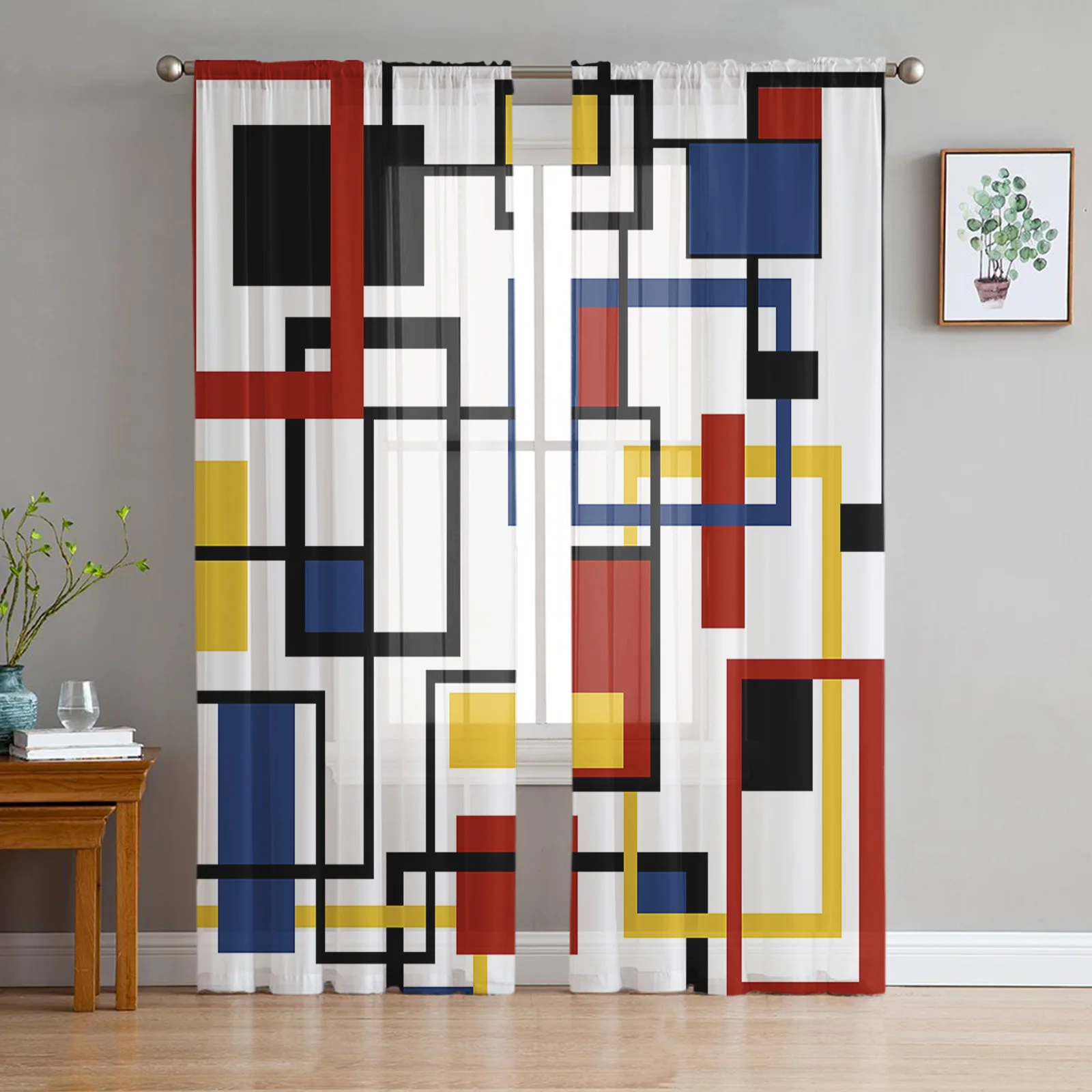Abstract Geometric Squares Art Black Red Sheer Curtain Living Room ...