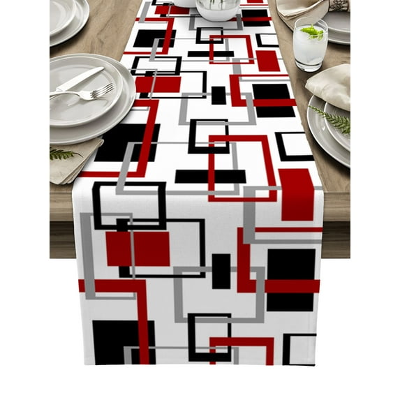 Abstract Geometric Squares Art Black Red Table Runner ration Home r ...