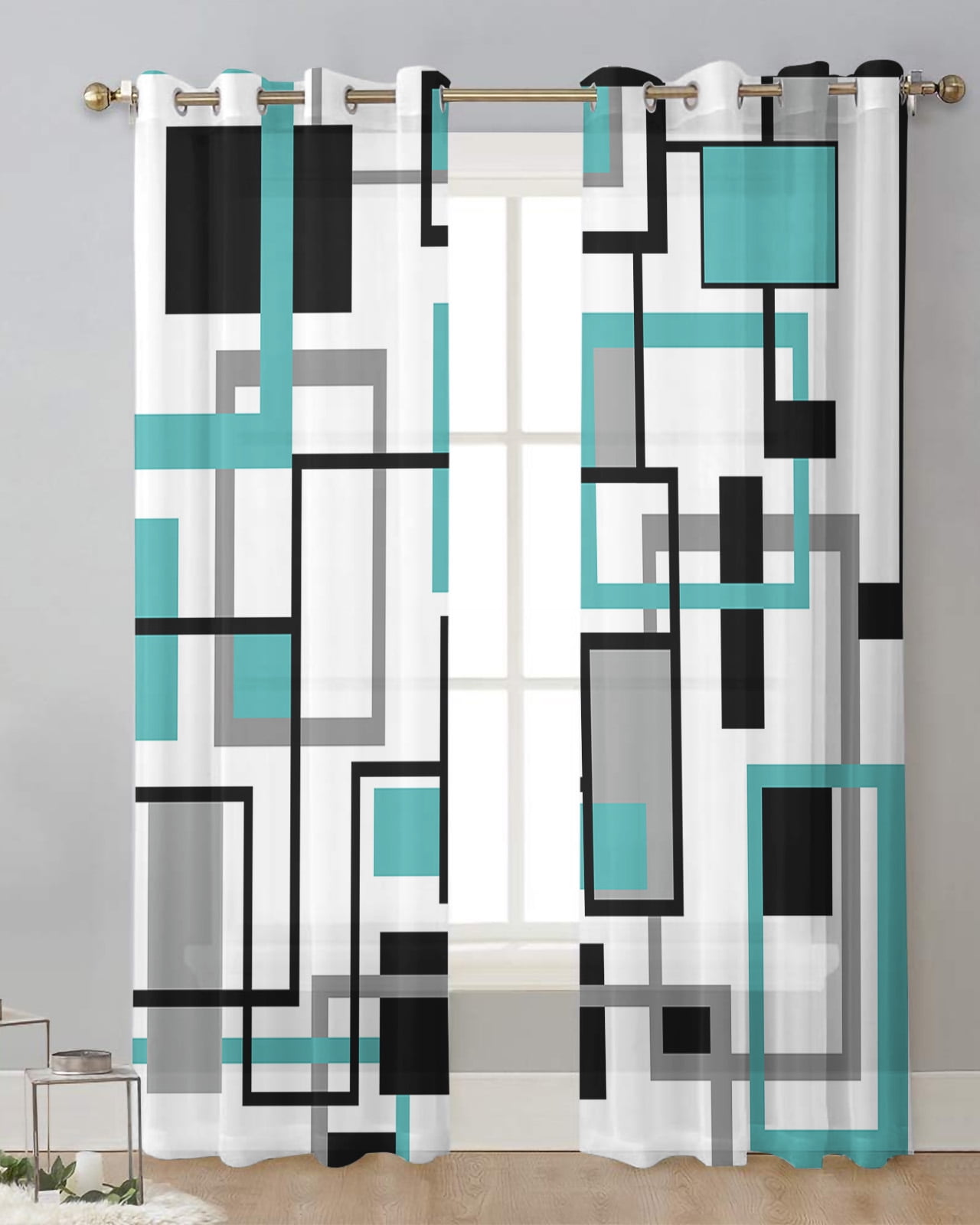 Abstract Geometric Squares Art Black Red Tulle Curtains Living Room ...