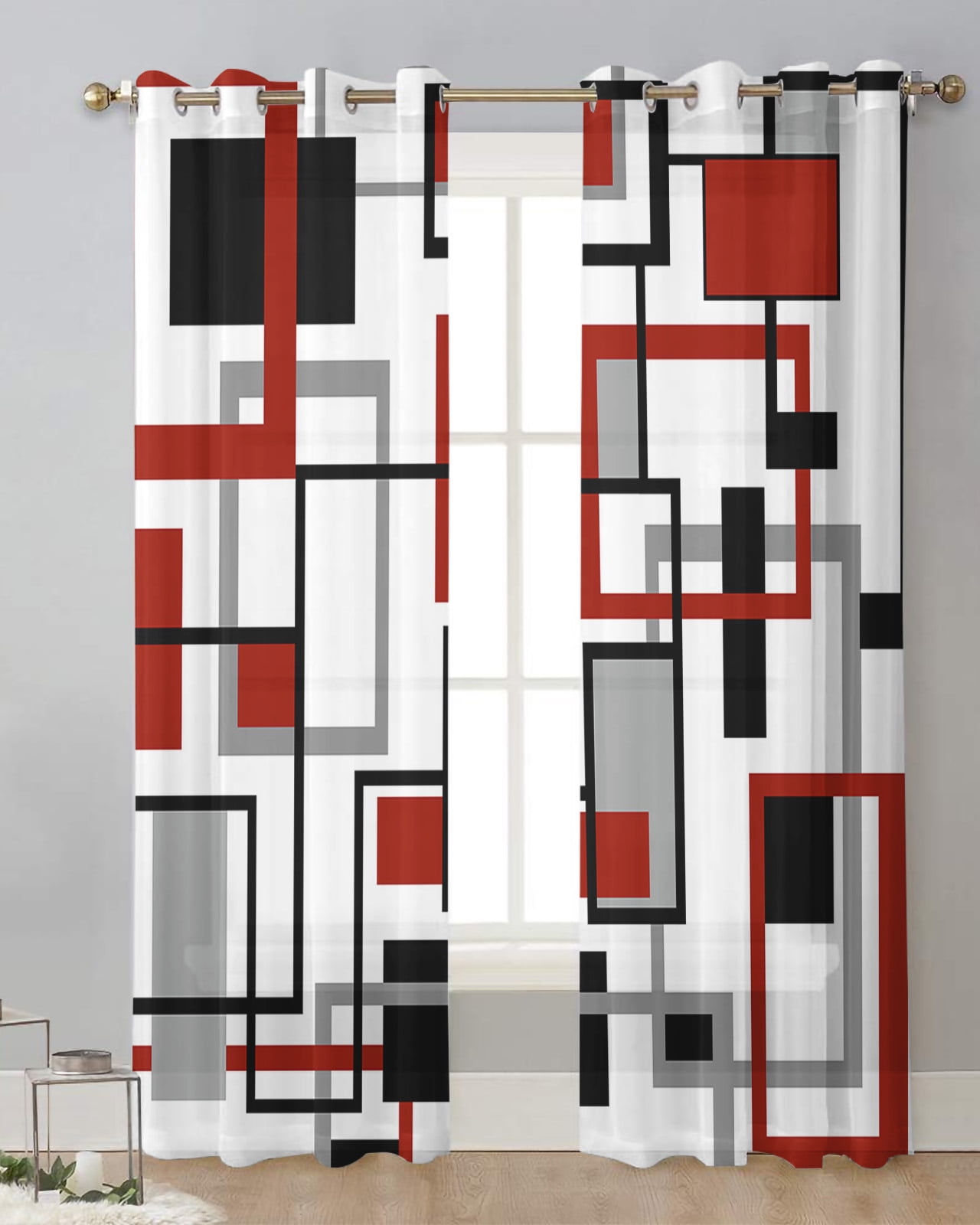 Abstract Geometric Squares Art Black Red Tulle Curtains Living Room ...