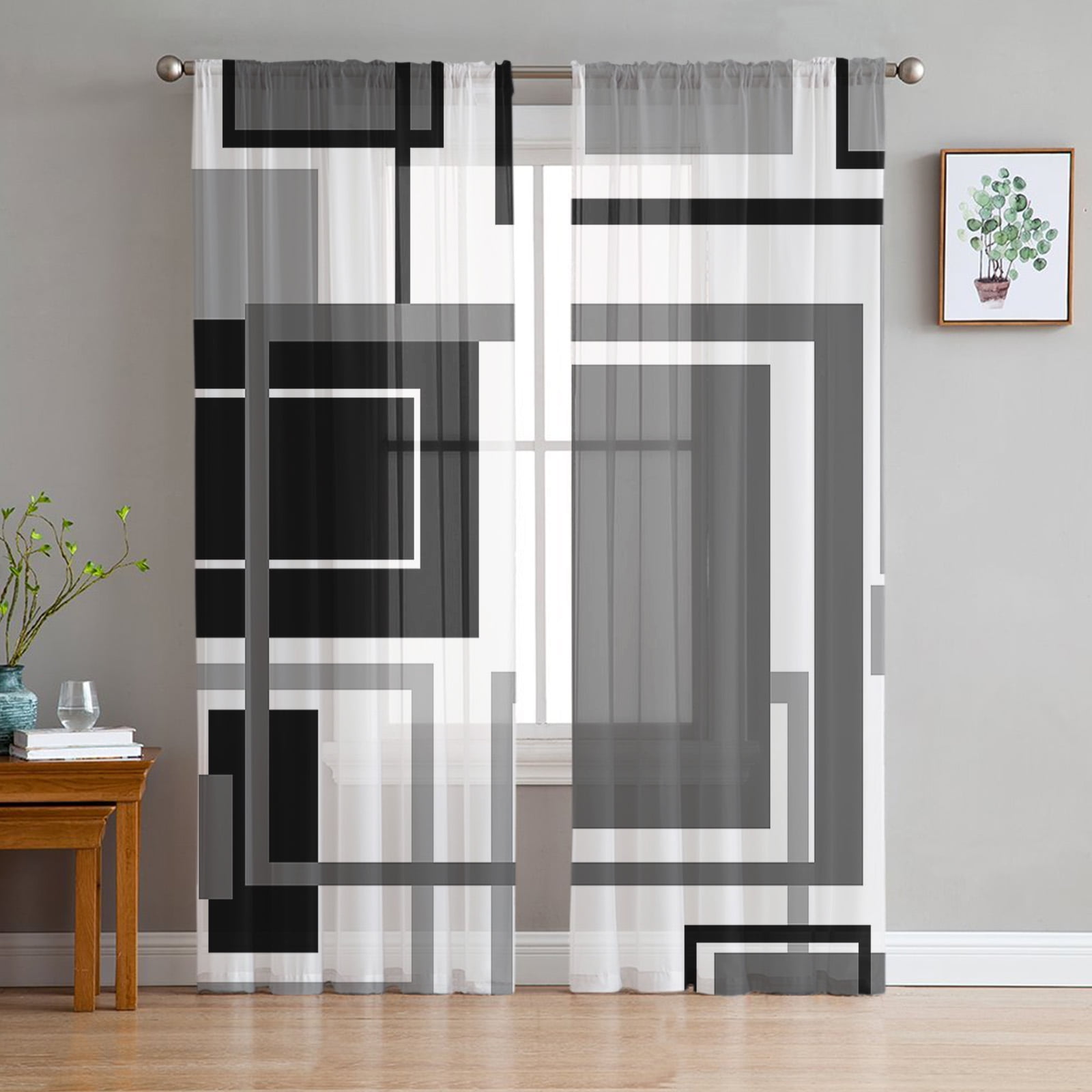 Abstract Geometric Squares Black Grey Sheer Curtains for Living Room ...