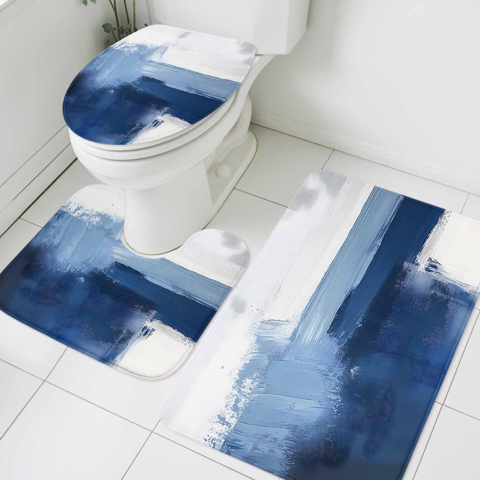 Abstract Geometric Stitching Bathroom Rugs Set Retro Blue White Non ...