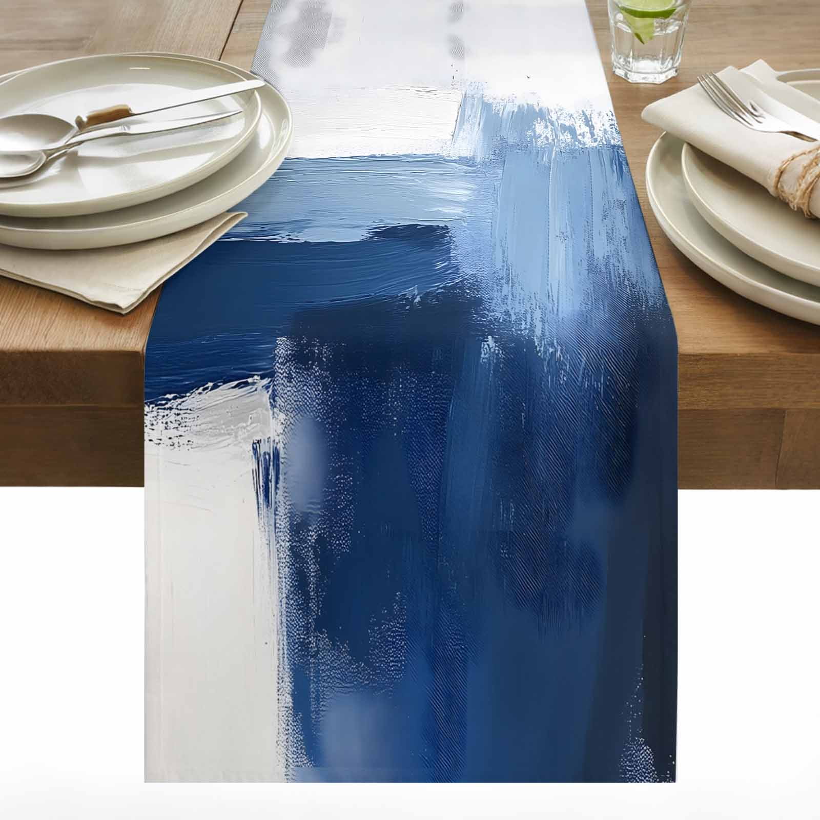 Abstract Geometric Stitching Table Runner 13x120 inch Retro Blue White ...